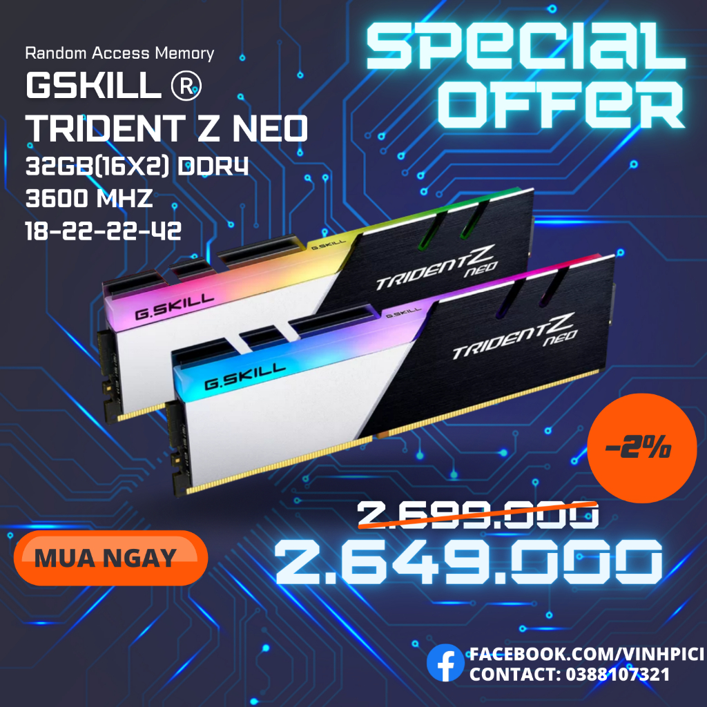 Ram GSKILL Trident Z Neo RGB 32GB - 2x16GB DDR4 Bus 3600MHz F4-3600C18D ...