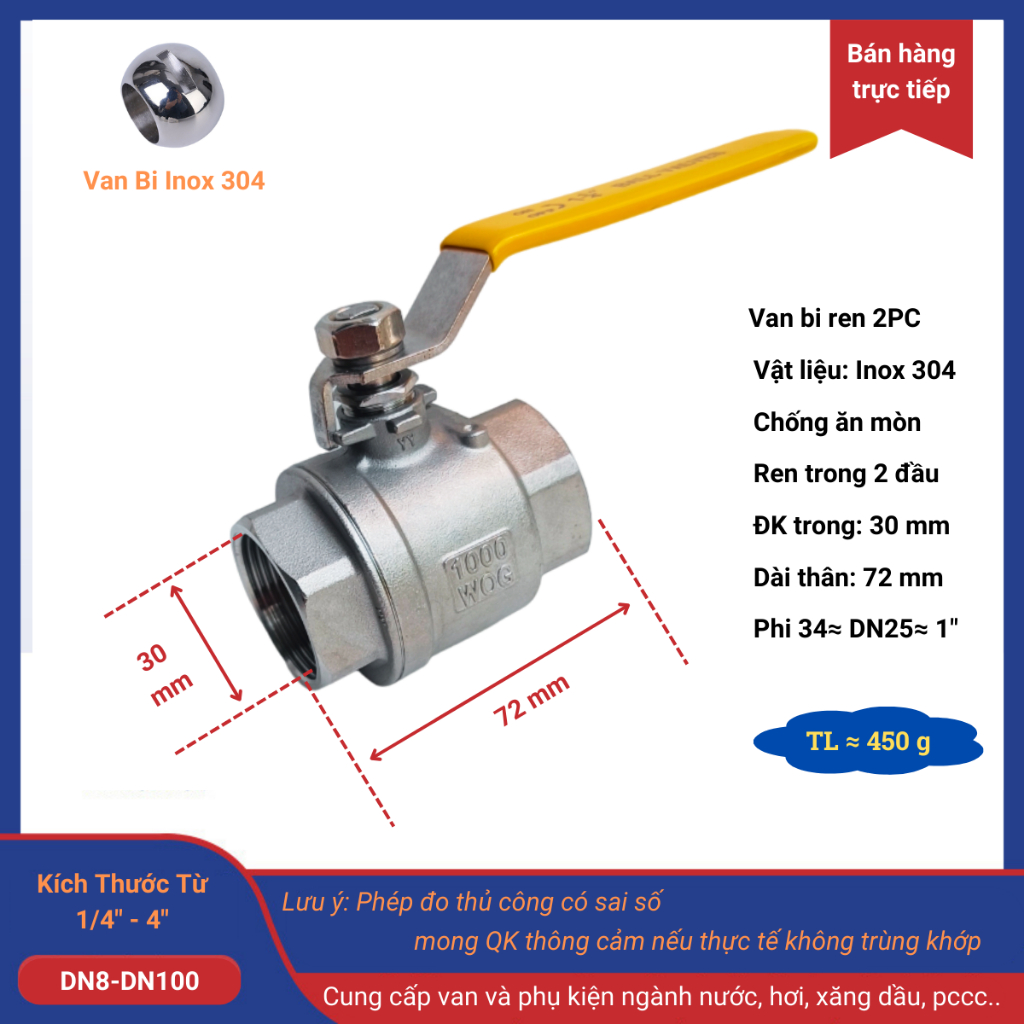 Van bi inox 304 phi 34 hàng dầy loại I, van nước inox DN25 - 2PC đóng mở kiểu tay gạt nối 2 đầu ...
