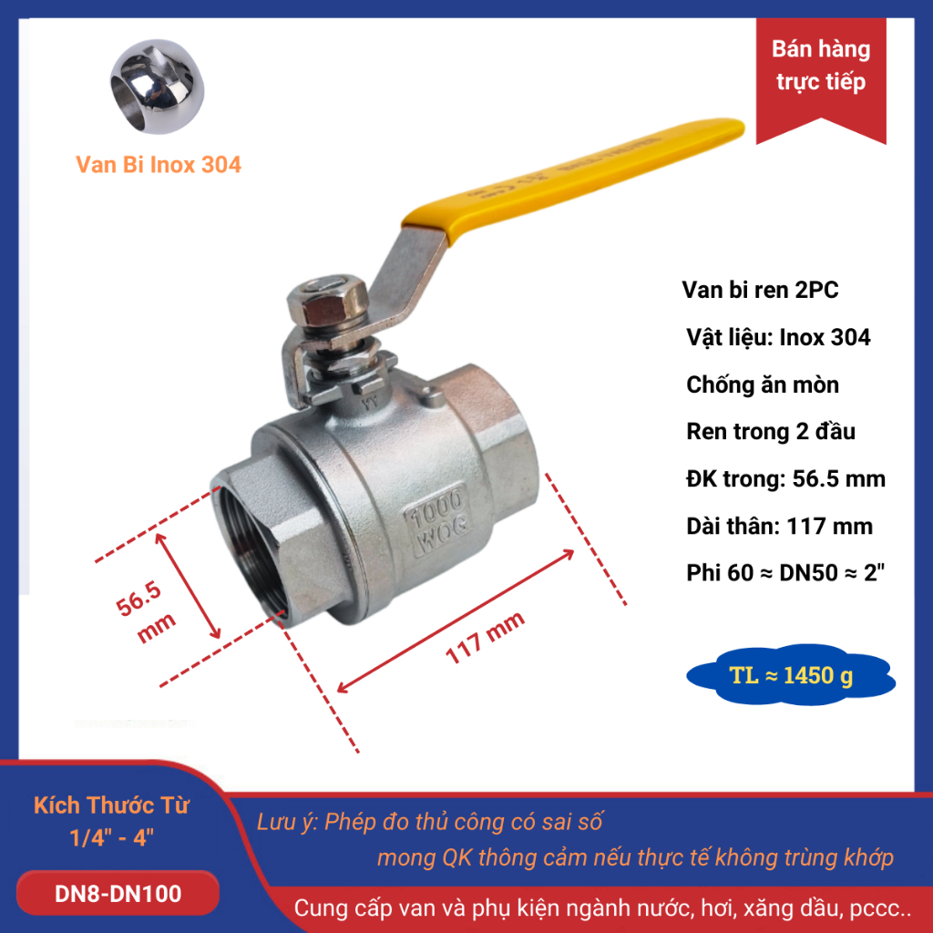 Van bi inox 304 phi 60 hàng dầy loại I, van nước inox DN50 - 2PC đóng ...