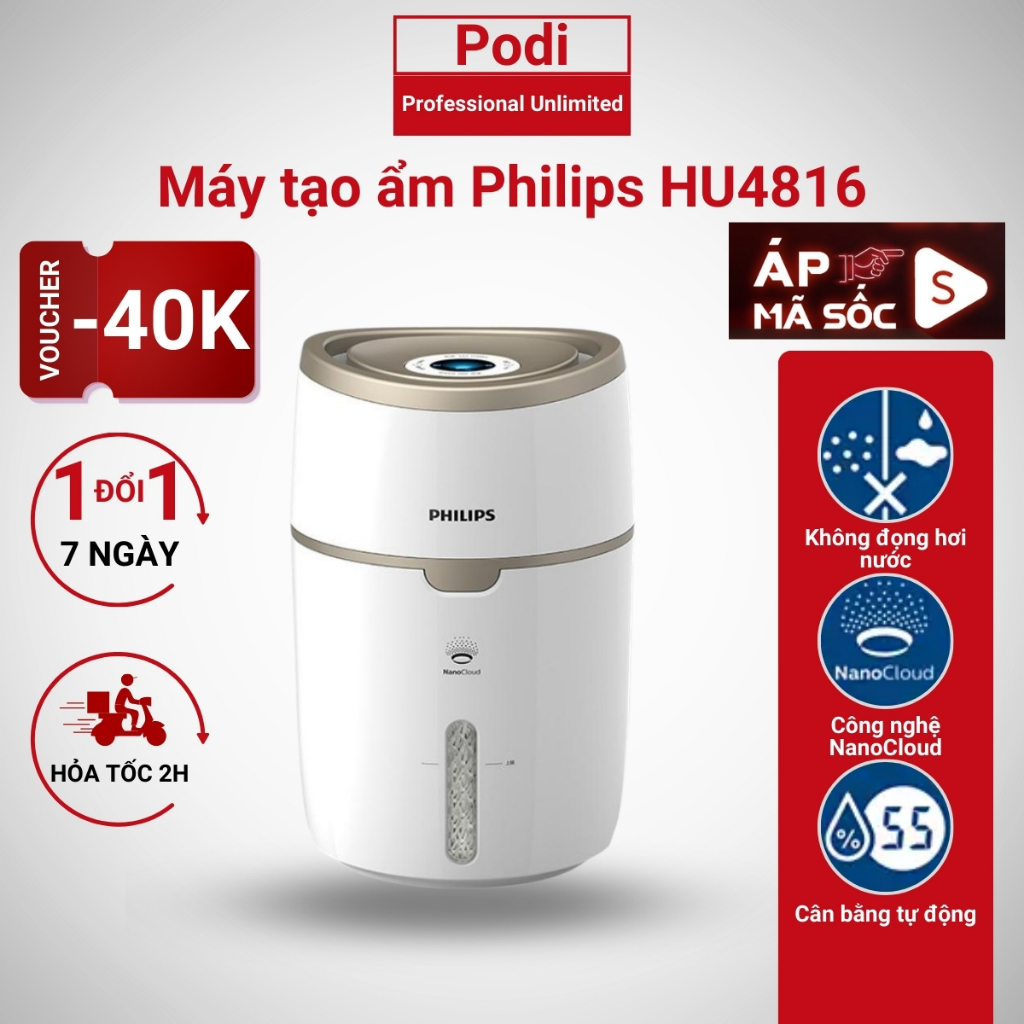 Máy tạo độ ẩm Philips HU4816 tích hợp hệ thống bốc hơi tiên tiến, công nghệ NanoCloud, Nâng cấp ...
