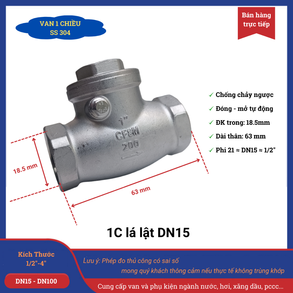 Van 1 chiều lá lật inox 304 phi 21, van nước DN15 một chiều nối ren ...