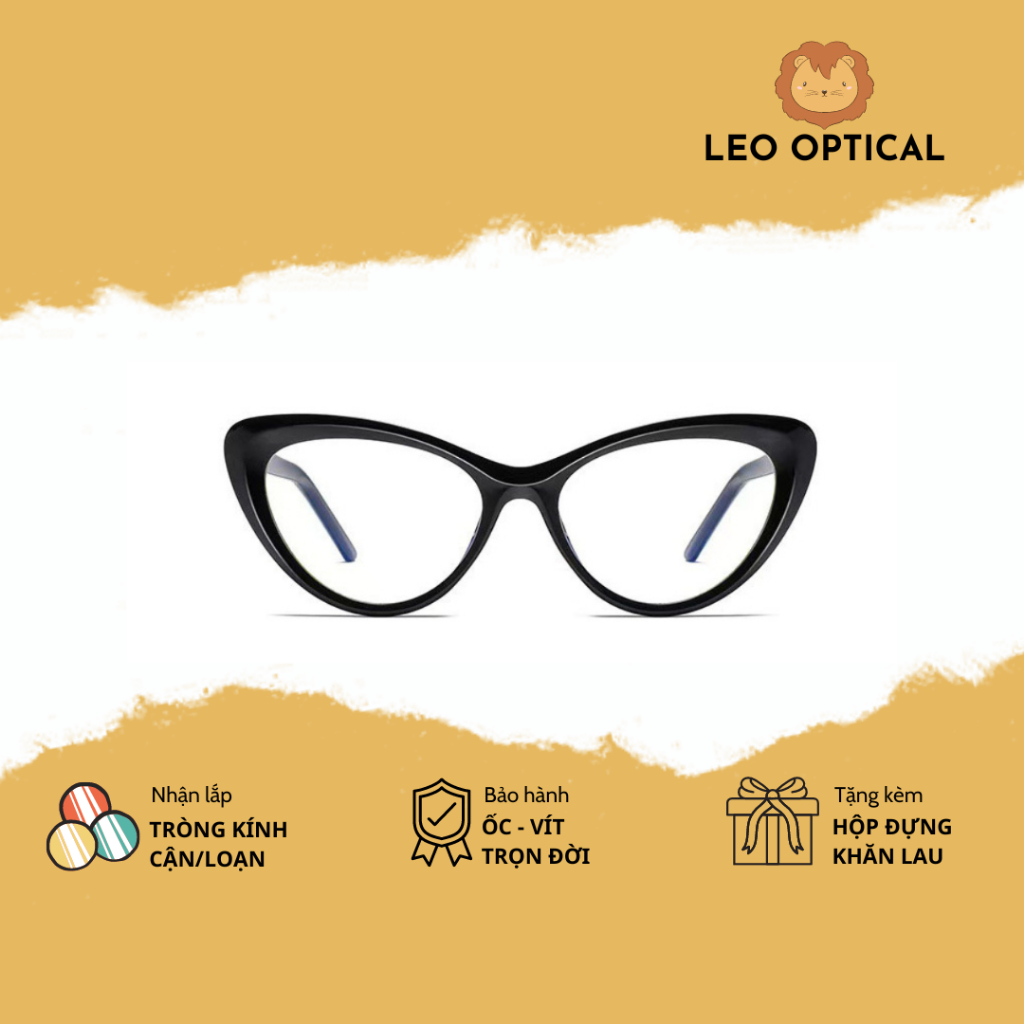 Kính cận mắt mèo dáng to cho nữ mùa hè nhựa cứng tròng chống ánh sáng xanh LEO OPTICAL 9015 ...