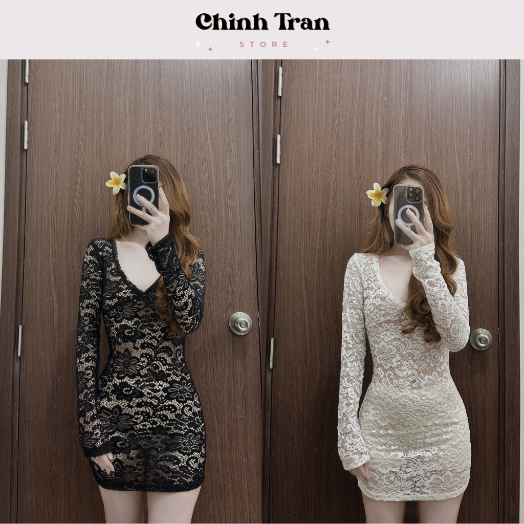 Váy lưới ren nữ ôm body dài tay xuyên thấu 1 lớp mỏng - Chinh Trần ...