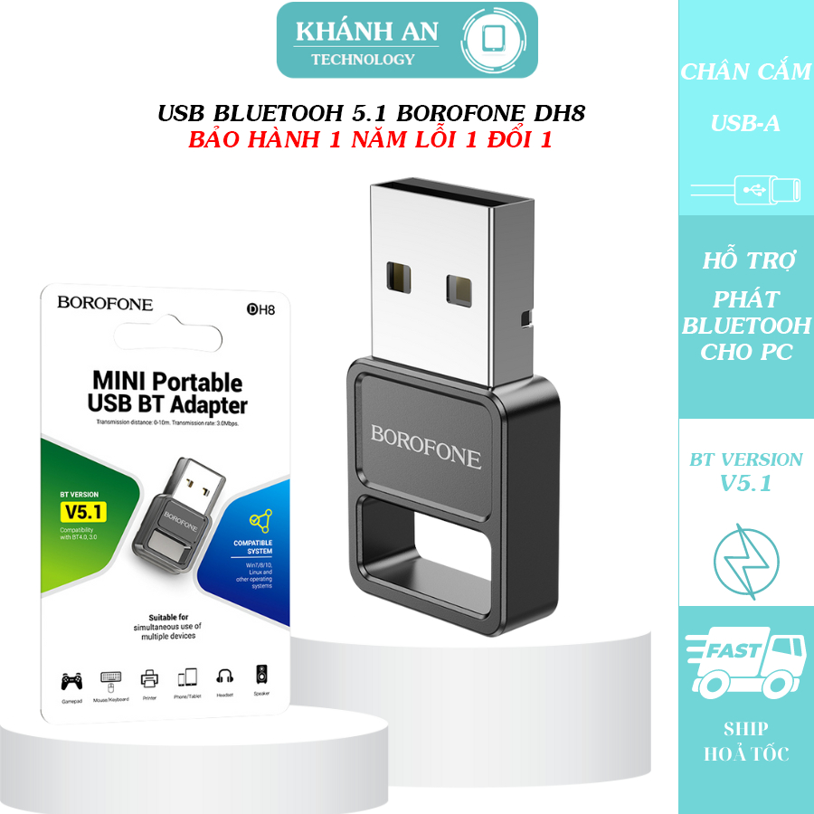 USB Bluetooh 5.1 Borofone DH8, Dùng cho PC hoặc Laptop Hỗ Trợ Hệ Điều ...