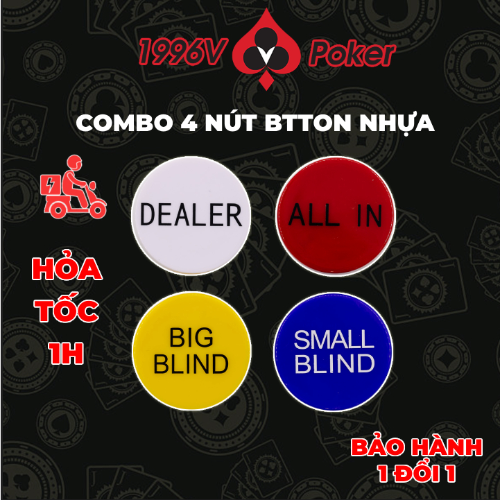 Combo 4 nút nhựa Dealer Poker button trắng, Small Blind xanh biển, Big ...