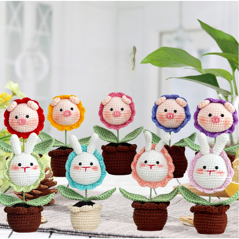 Chậu hoa heo len, chậu hoa thỏ len, hoa len handmade quà tặng LADYCO ...