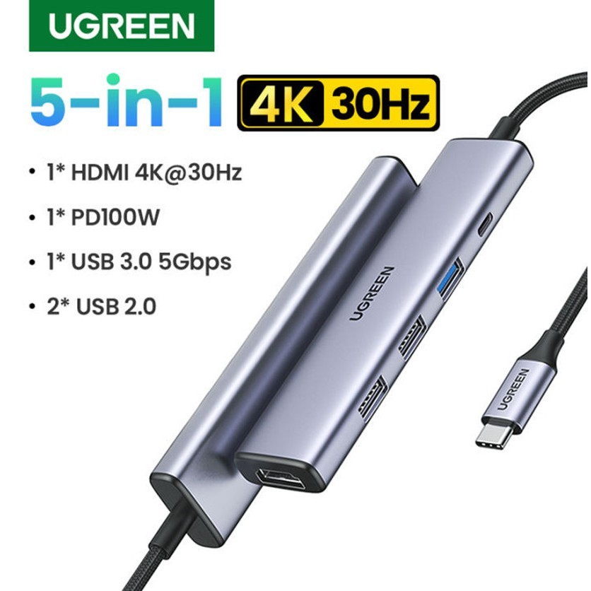 Hub USB Type-C 5 trong 1 Ugreen 15596 CM511, 1x HDMI 4K@30Hz, 3x USB-A 3.0, USB-C PD 100W hàng ...