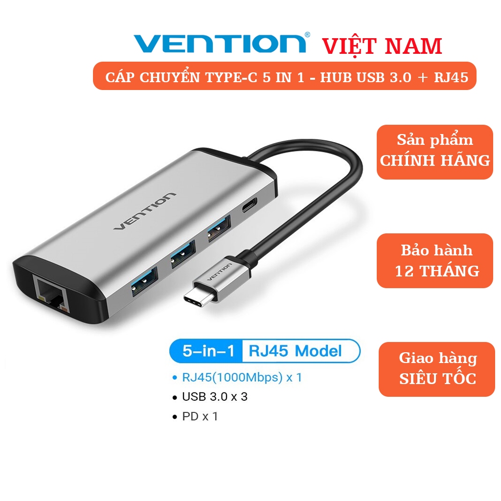 Cáp chuyển đổi USB Type-C ra HUB 3 cổng USB 3.0 + LAN RJ45 Vention ...