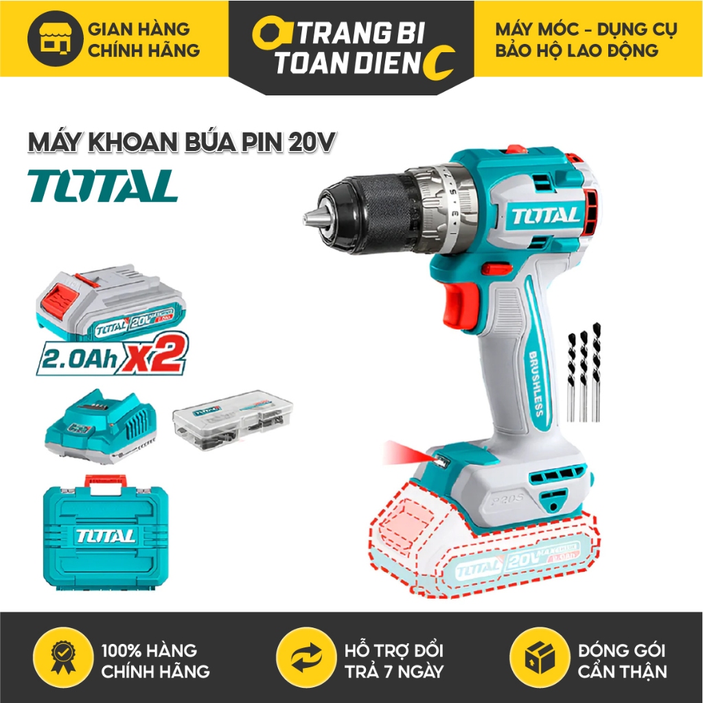 Máy khoan búa pin 3 chức năng 20V TOTAL TIDLI20602, Momen xoắn 60nm, Khả năng khoan tới 13mm ...
