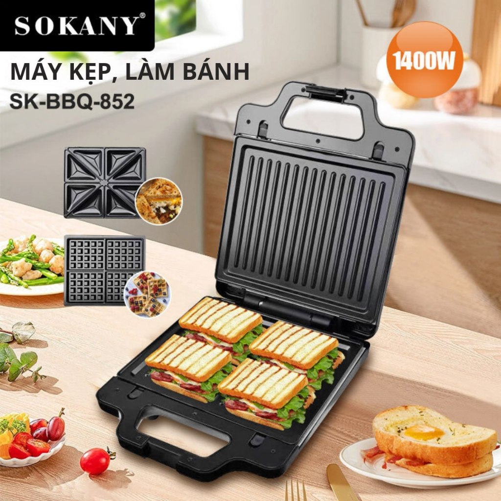 Máy kẹp nướng bánh mì SOKANY công suất cực lớn 1400W nướng bánh mì, sandwich rán trứng, đa năng ...