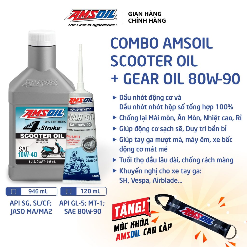 Combo nhớt động cơ xe tay ga Amsoil Scooter 100% Tổng hợp 10w40 946ml ...
