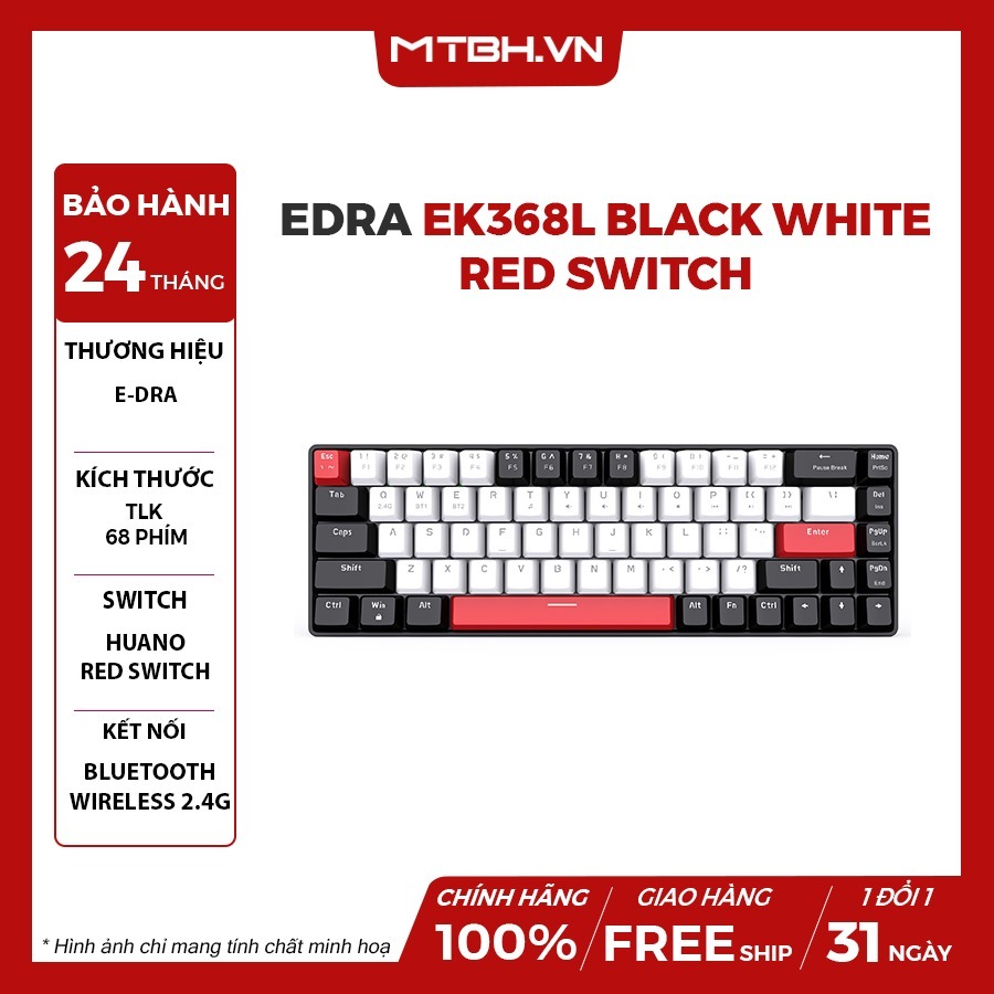 Bàn Phím Cơ E-Dra Ek368L Black White Red Switch (Bluetooth, Wireless 2 ...
