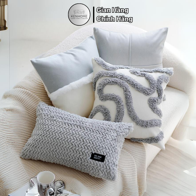 Gối Sofa Tông Trắng Xám, Gối Trang Trí Cao Cấp Thêu Nổi Tạo Điểm Nhấn ...