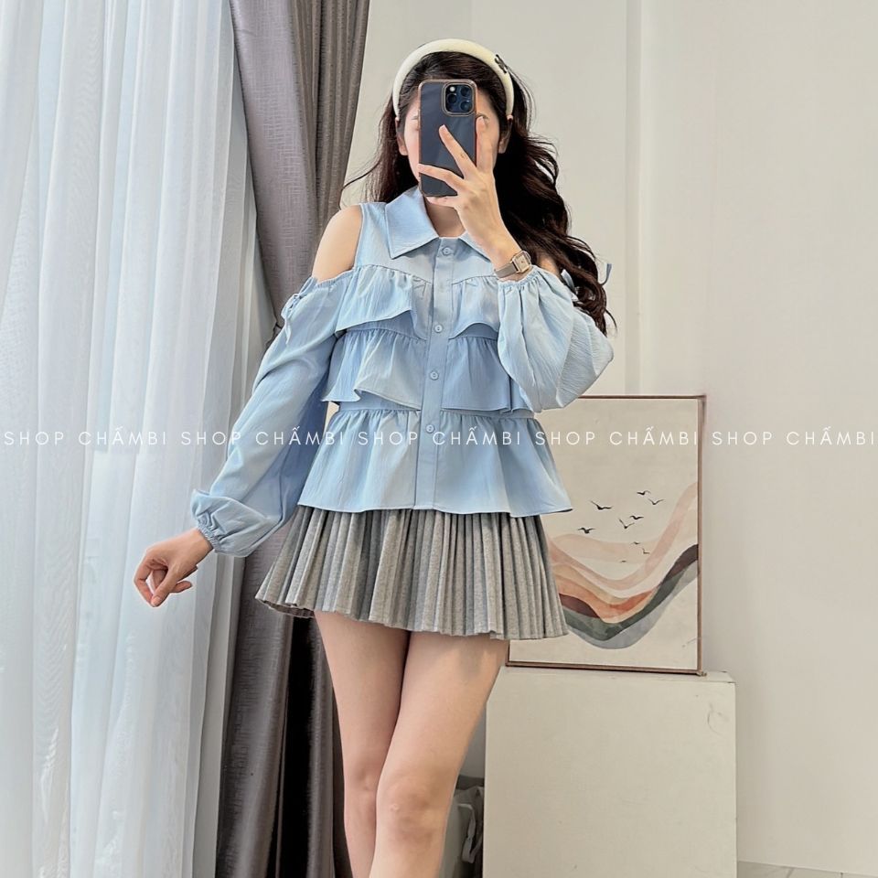 Áo sơ mi nữ dài tay A.574, Áo sơ mi tay dài bo nhẹ hở vai 3 tầng phong ...