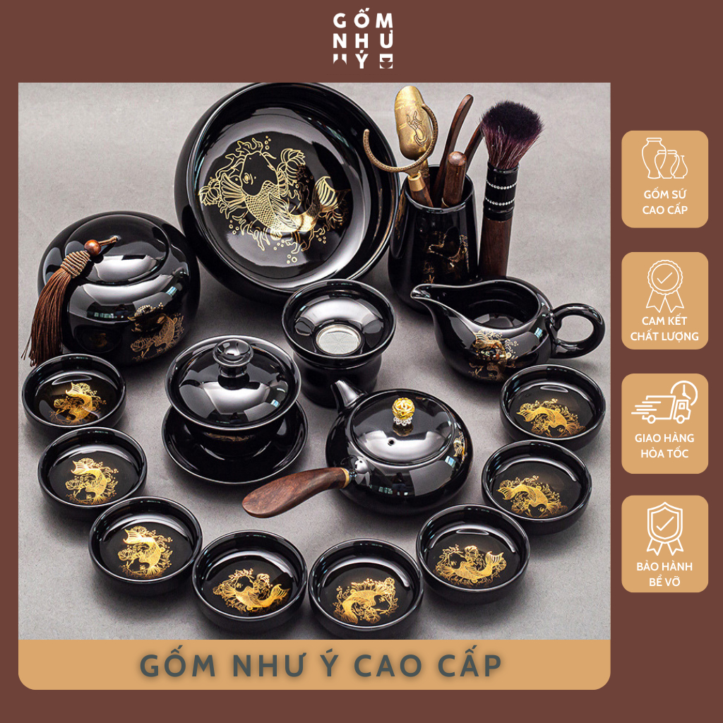 Bộ ấm chén sứ trà đạo men ngọc cá chép vàng cao cấp đi kèm hộp quà tặng ...