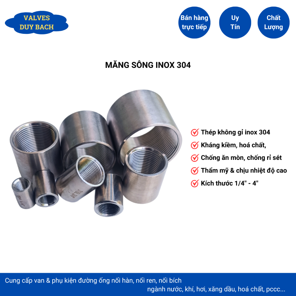 Măng sông hàn inox 304 phi 13mm đến 60mm, đầu nối ren trong chống rỉ ...