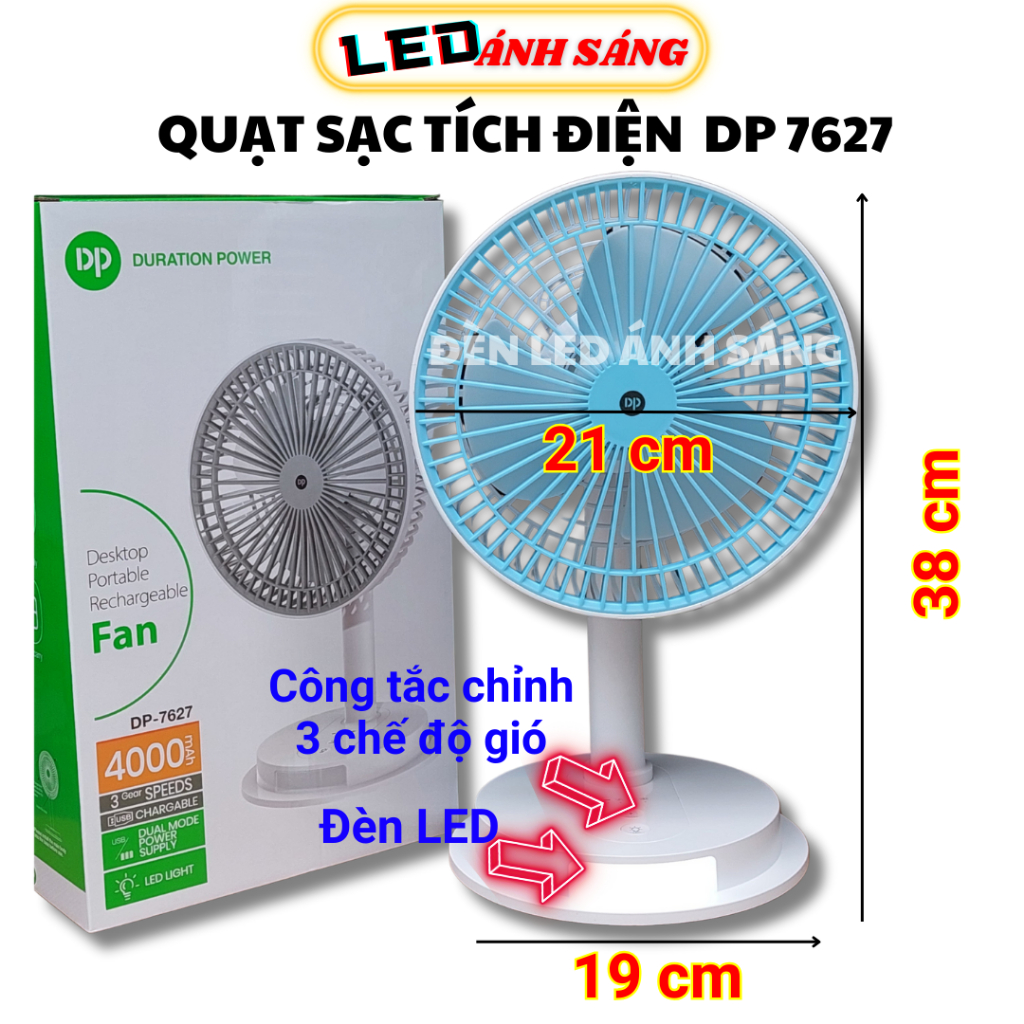 Quạt sạc điện để bàn DP-7627 Quạt sạc để bàn tích điện có đèn LED ...
