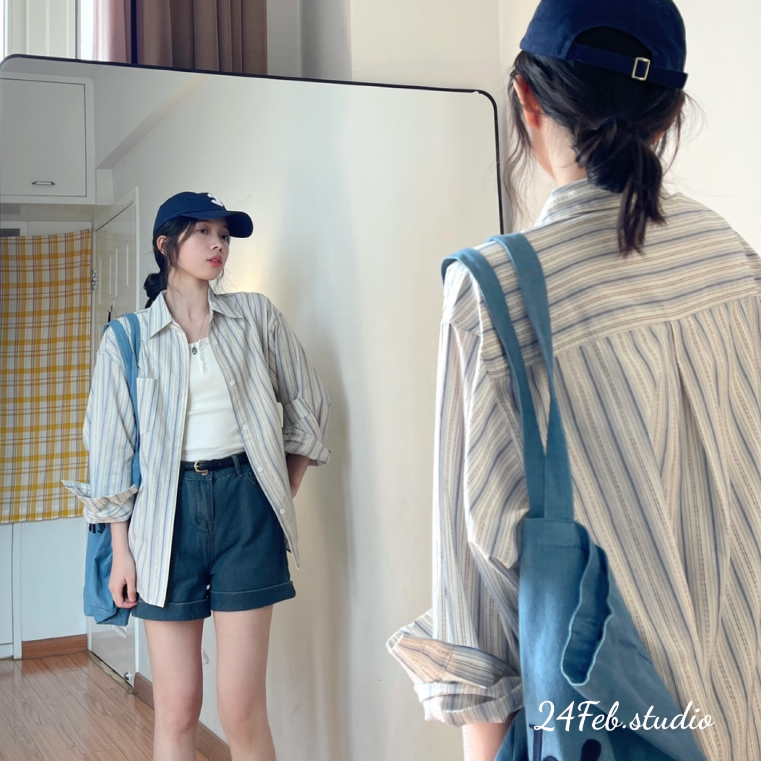 Áo sơ mi nữ dài tay kẻ sọc form rộng phong cách ulzzang Hàn Quốc 24Feb ...