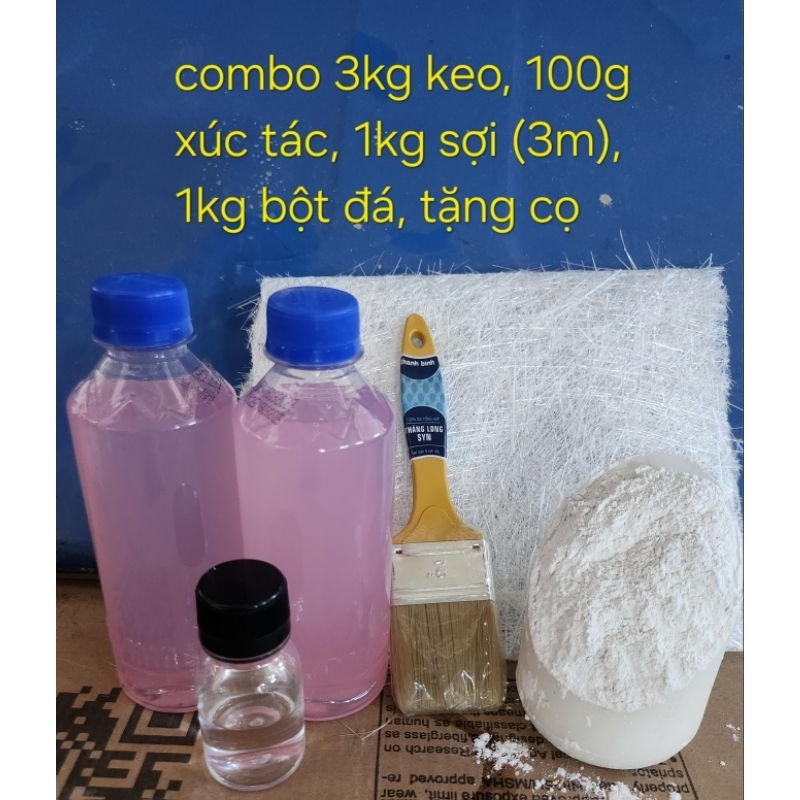 Keo composite, keo 3kg, xúc tác, sợi thủy tinh 1kg, bột đá 1kg, tặng cọ ...