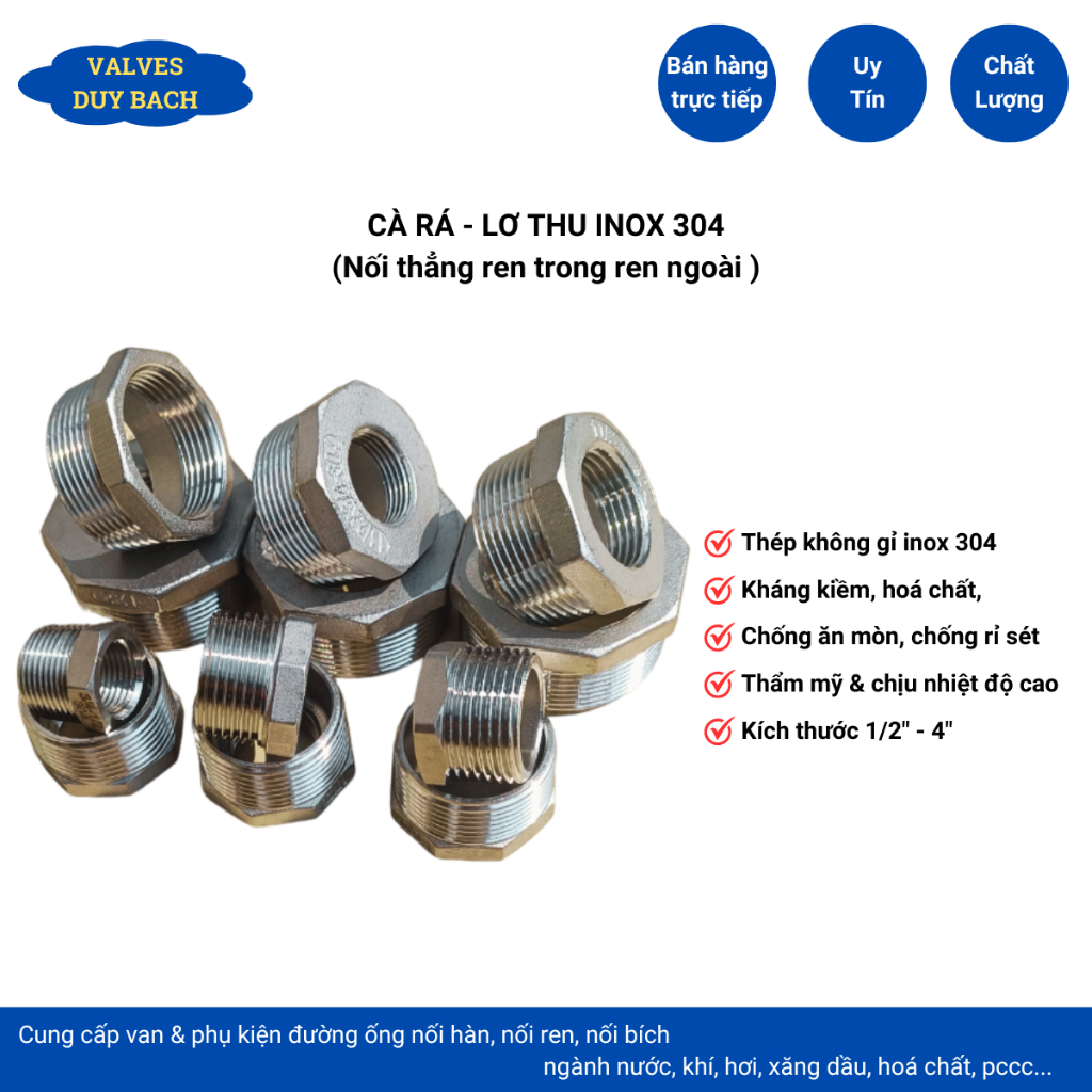 Cà rá inox 304 phi 42 49 60 lơ thu ren trong ren ngoài tăng giảm chuyển ...