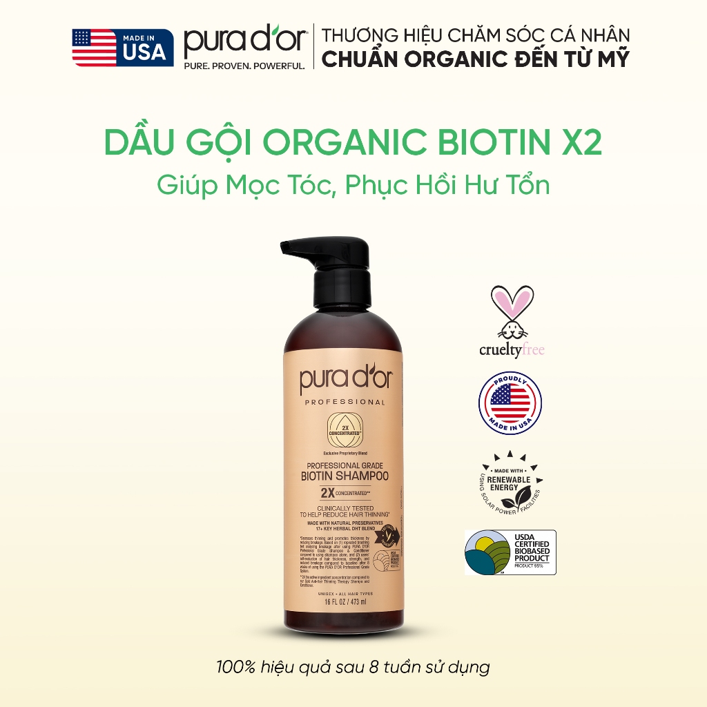 Dầu Gội Biotin 2X Professional Grade PURA DOR 473ml Phục Hồi Tóc Hư Tổn, Giảm Gãy Rụng Chuyên ...