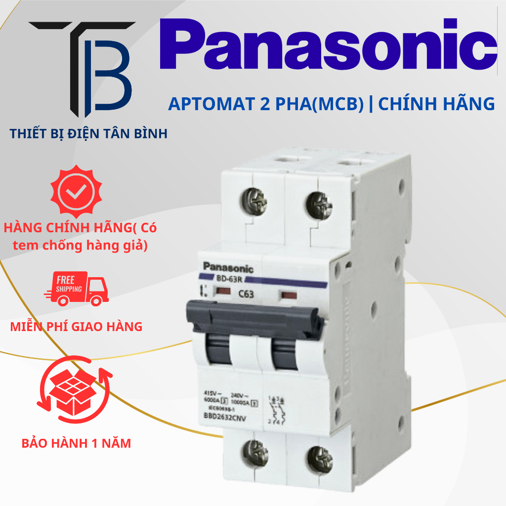 {CHÍNH HÃNG} Aptomat Panasonic 2 pha 2 cực 10A,16A, 20A, 25A, 32A, 40A, 50A, 63A, 80A, 100A - CB ...