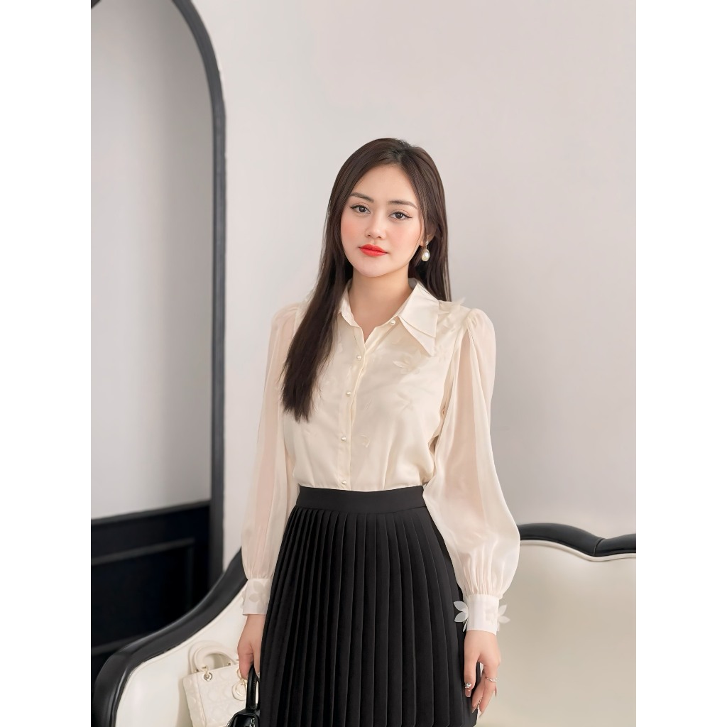 Áo sơ mi nữ công sở dài tay chất Tơ lụa cổ tròn vai bồng sang trọng ...