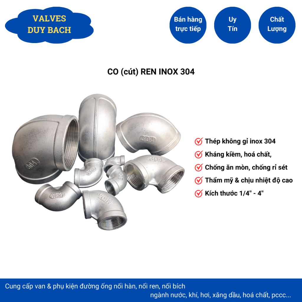 Co ren inox 304 phi 42 49 60 cút góc 90 độ chống gỉ sét răng trong 2 ...