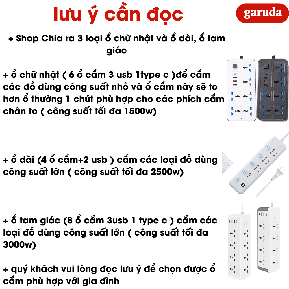 Ổ điện đa năng chính hãng GARUDA 3 cổng USB 15v sạc nhanh, 1 type c, chống cháy, ổ chịu tải ...