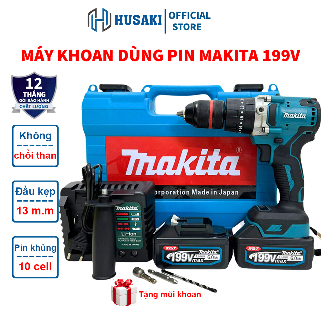 Máy khoan pin cầm tay MAKITA 199V KHÔNG CHỔI THAN 13mm khoan búa bắn vít mạnh mẽ bảo hành 12 ...