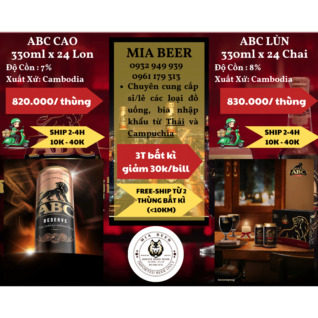 [HỎATỐC-HCM] - Bia ABC Campuchia - (BIA ĐEN 8%) - Thùng 24Lon*330ML ...