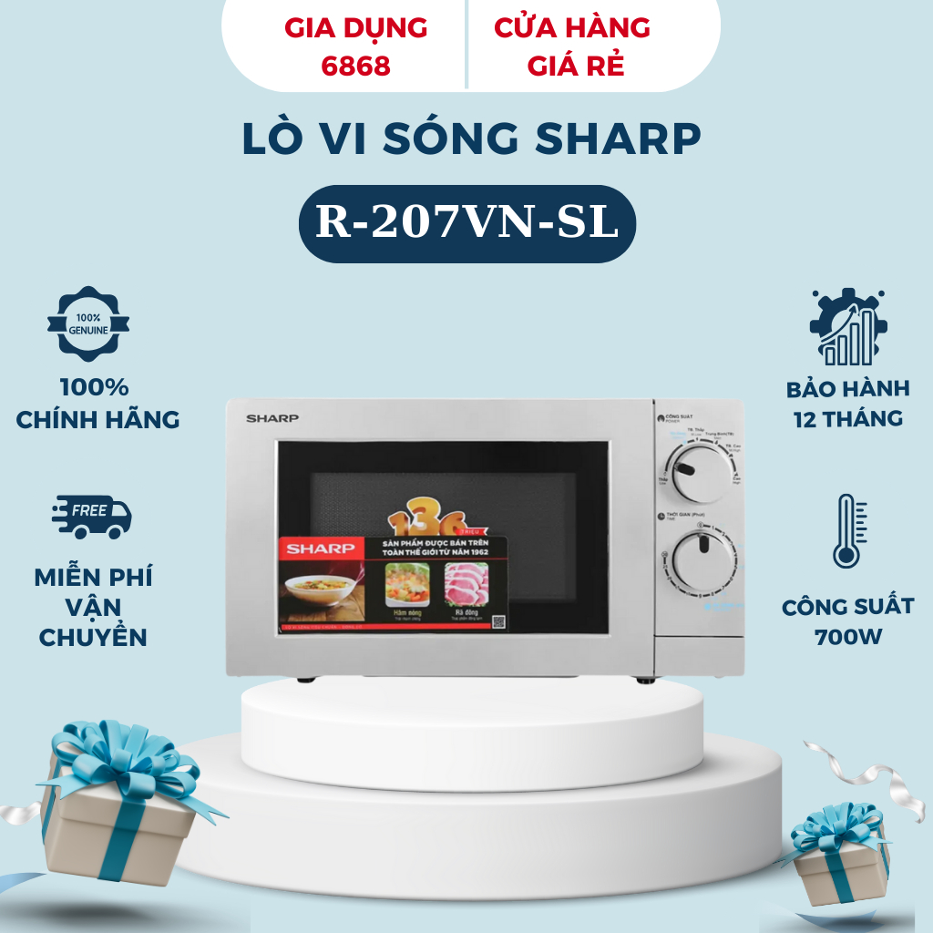 Lò Vi Sóng Sharp R-207VN-SL Dung Tích 20 Lít - Công Suất 700W - Núm Điều Chỉnh Cơ, Không Nướng ...