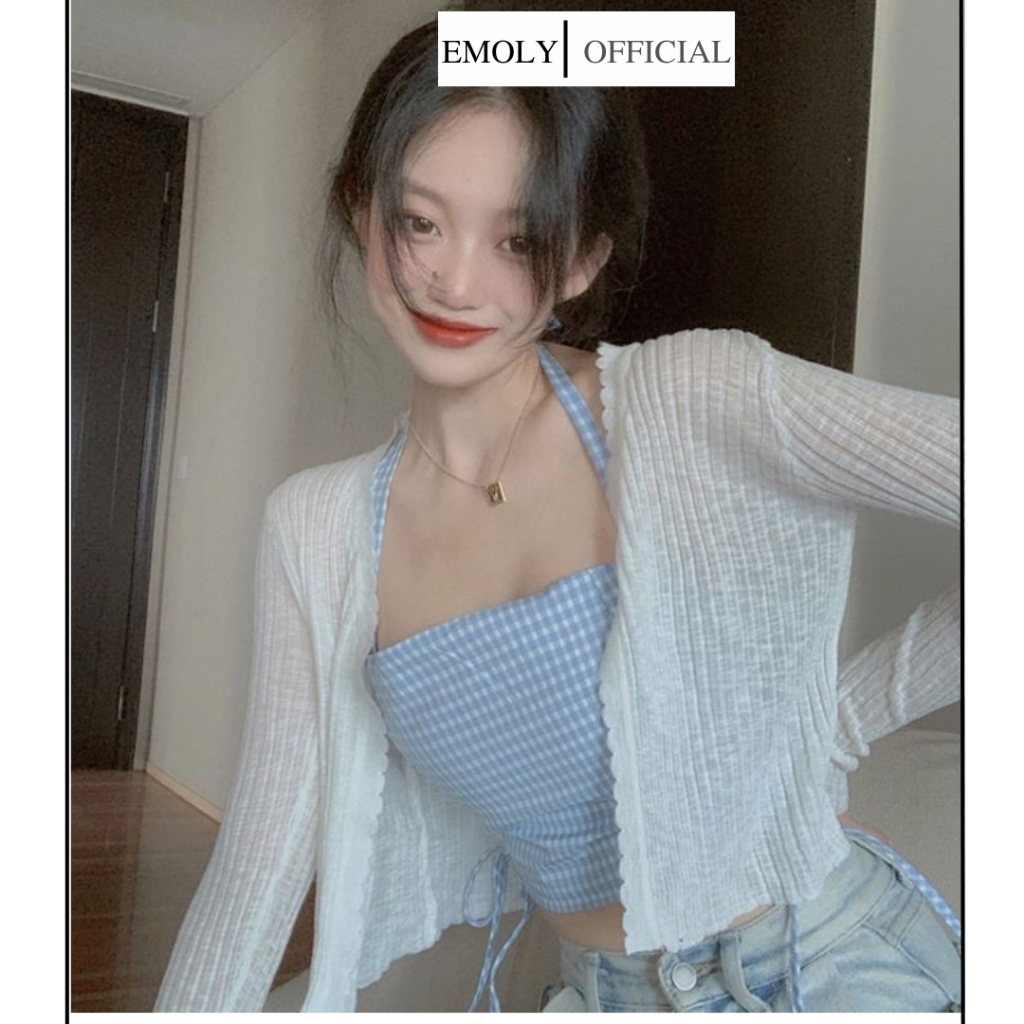 [SẴN] Áo khoác ngoài váy màu trắng, Áo cardigan mỏng mùa hè đi biển có cúc cài tay dài dáng ngắn ...