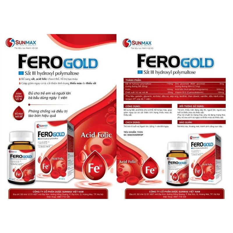 Sắt Fero Gold Hộp 30v - Bổ sung Sắt cho bà bầu , acid folic cho cơ thể ...