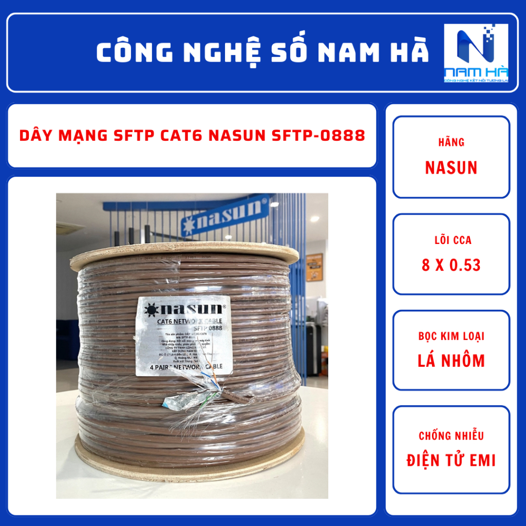 Dây mạng SFTP Cat6 Nasun SFTP-0888 bọc lớp lá kim loại nhôm và lưới kim loại bện chặt để chống ...