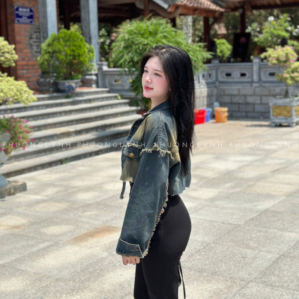 Áo khác jean nữ croptop , áo khoác jean tay phồng , áo khoác nữ rách ...