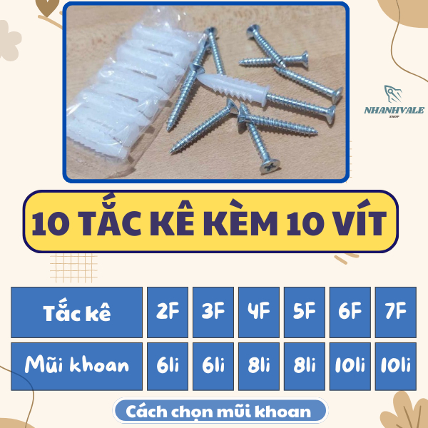 Combo 10 Tắc kê kèm vít (1 đơn vị là 10 vít và 10 tắc kê) có các cỡ lựa 2F, 3F, 4F, 5F, 6F, 7F ...