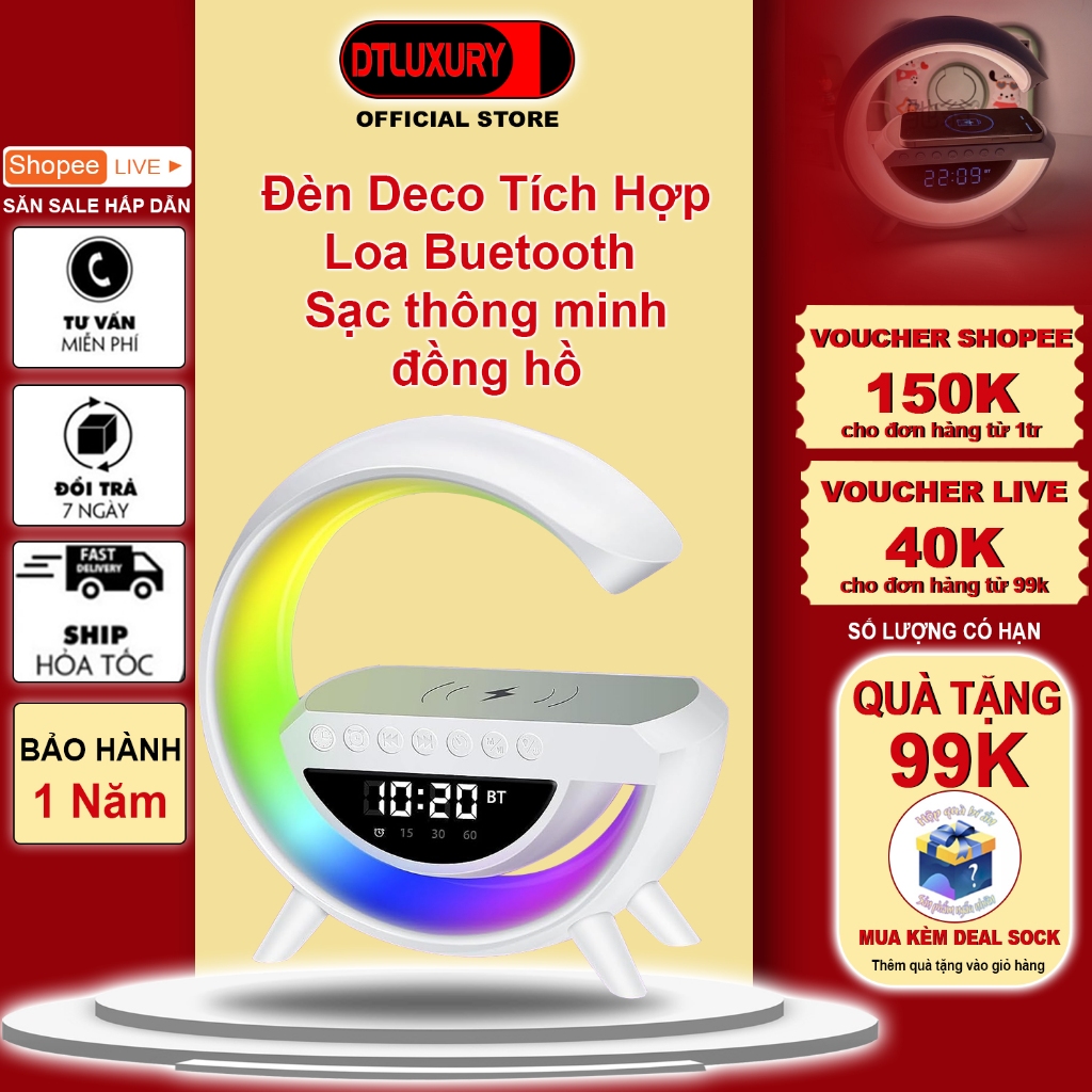 Đèn bàn deco DTLUXURY BT3401/DT08 đèn ngủ led RGB tích hợp đồng hồ hiển thị loa bluetooth nghe ...
