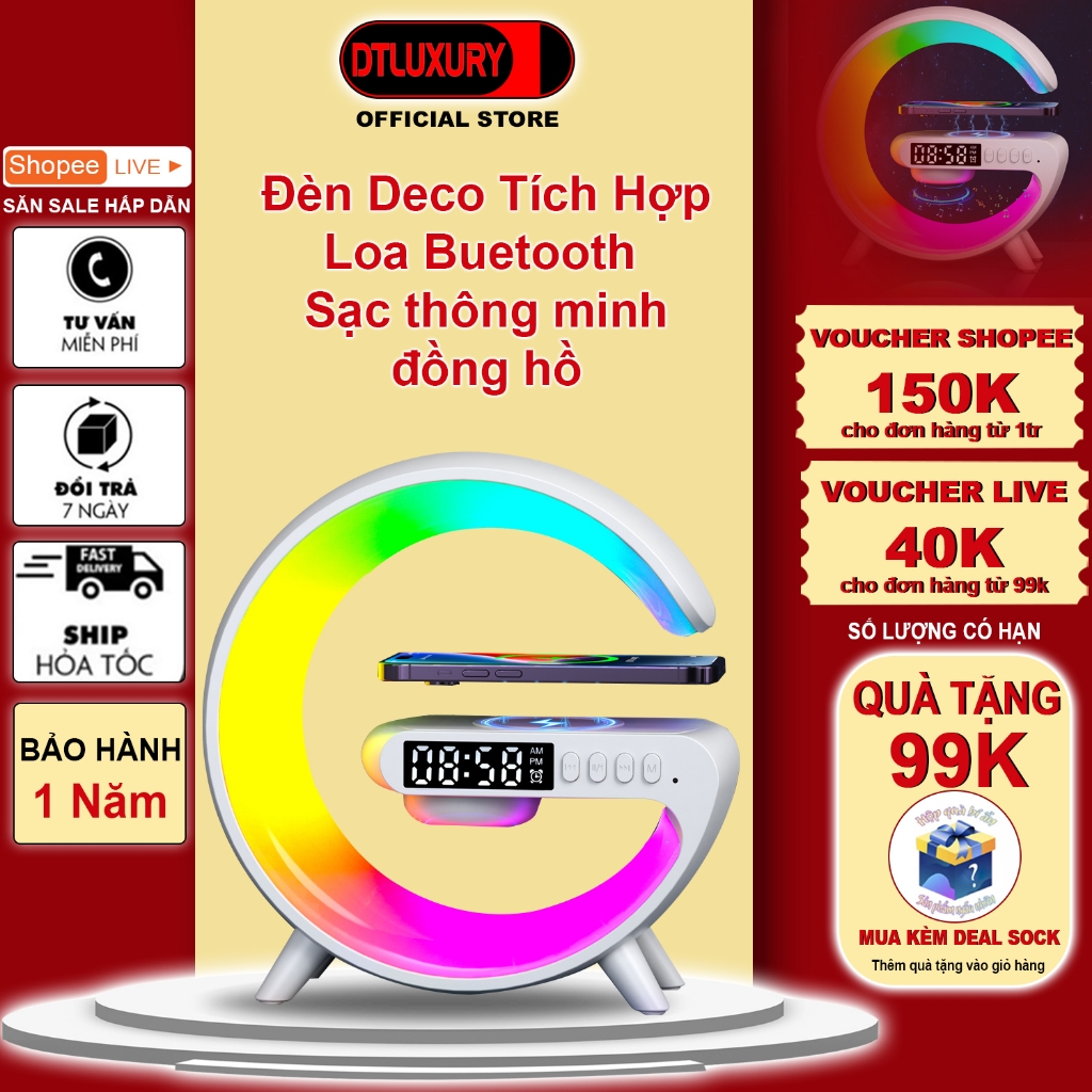 Đèn bàn deco DTLUXURY G63/DT09 đèn ngủ led RGB tích hợp đồng hồ báo thức loa bluetooth nghe nhạc ...