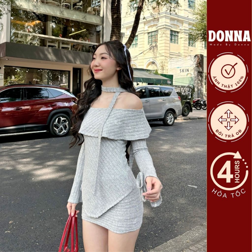 DONNA - Set áo trễ vai kèm chân váy thun Slay Set tay loe đính nơ kèm dây choàng ôm dáng hack eo ...