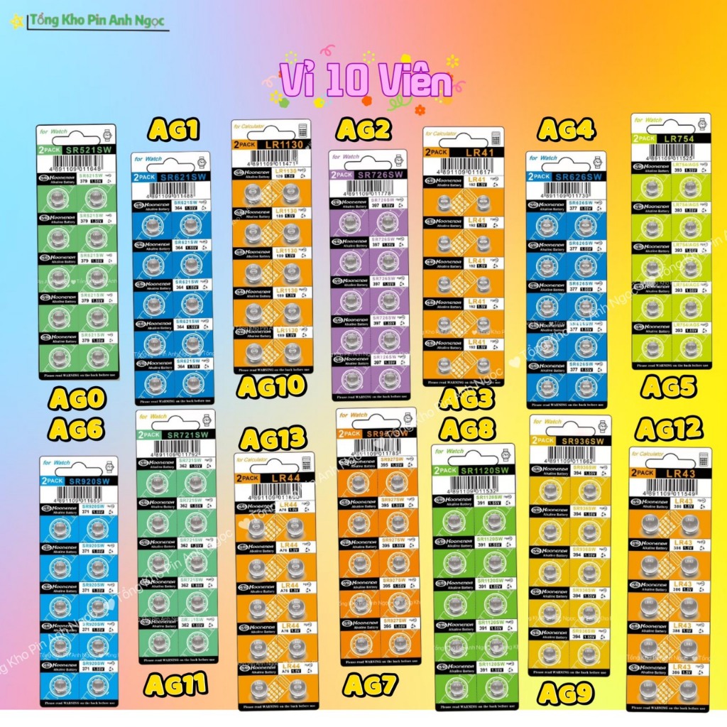 Vỉ 10 Viên Pin Cúc Áo AG0/LR521 AG1/LR621 AG2/LR726 AG3/LR41 AG4/LR626 ...