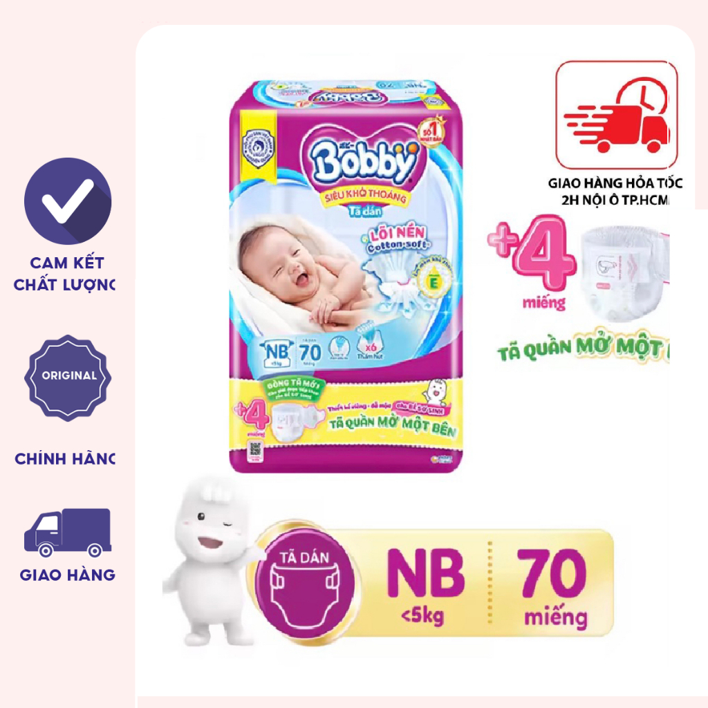 Tã dán Sơ Sinh Bobby NB70 +4 miếng cho bé 5kg Mẫu mới tặng miếng ...