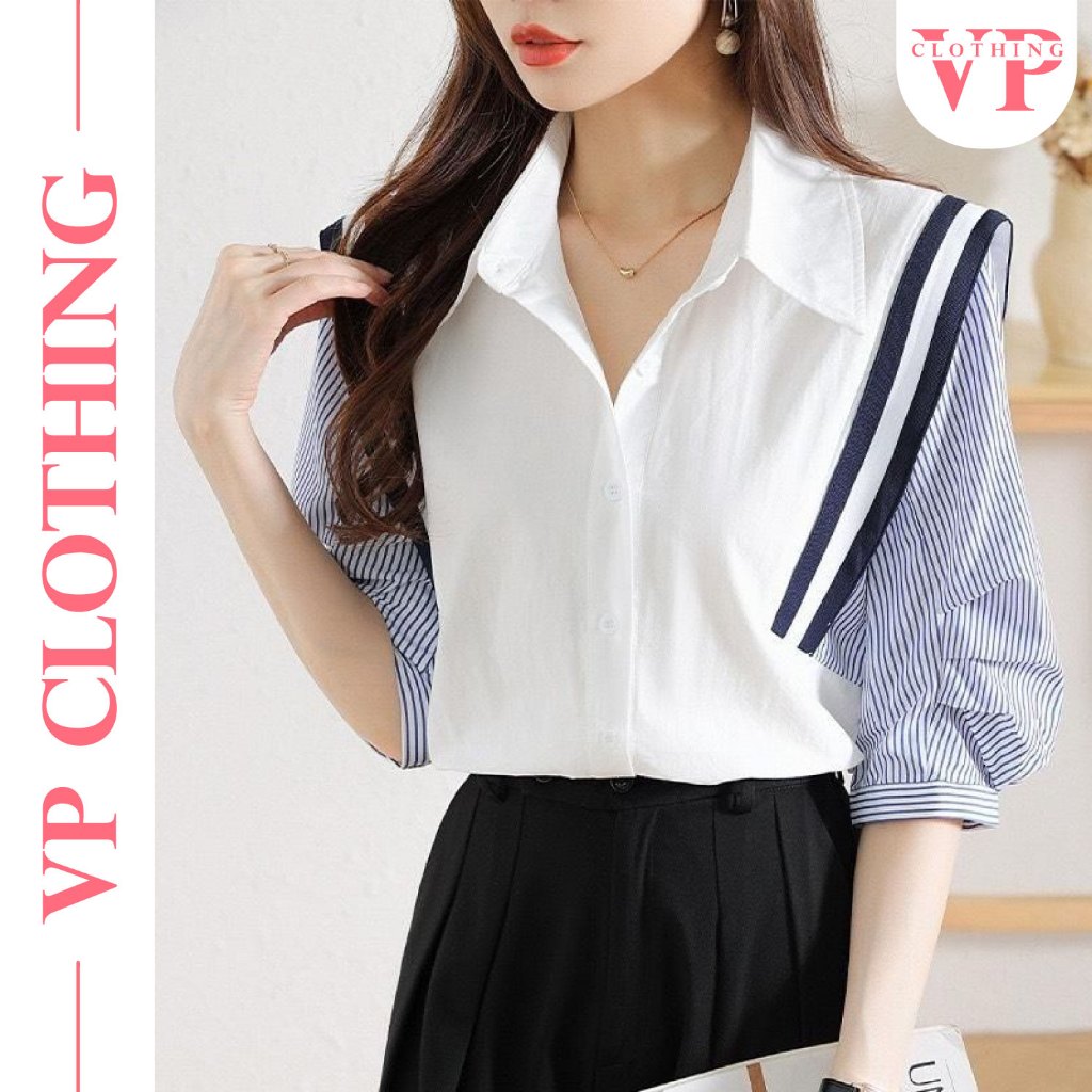 A172 Áo Sơ Mi Nữ Công Sở Tay Dài Phối Sọc 2 Bên Thân Áo VP Clothing ...