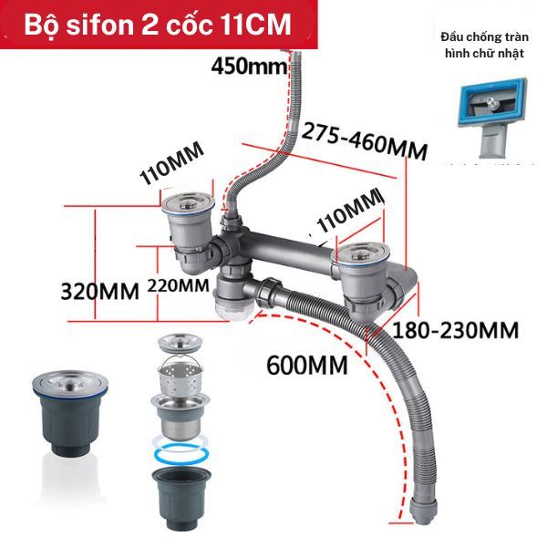 Bộ Xiphong Thoát Nước Chậu Rửa Chén Bát Inox 2 Ngăn, Thoát Nước Nhanh ...