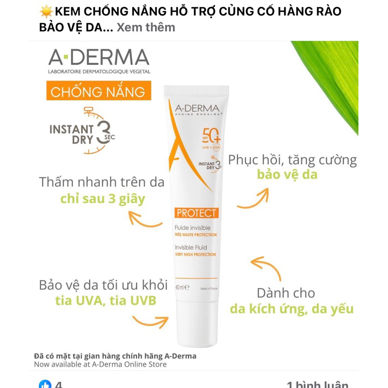 [ Hàng Nhập Khẩu ] Kem chống nắng Aderma fluide invisible 40ml | Shopee ...