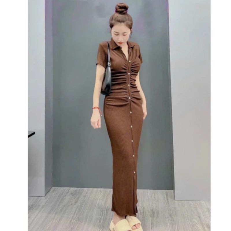 Đầm body đuôi cá tay ngắn nhún bụng. váy ôm dáng dài cổ somi nút dọc ...