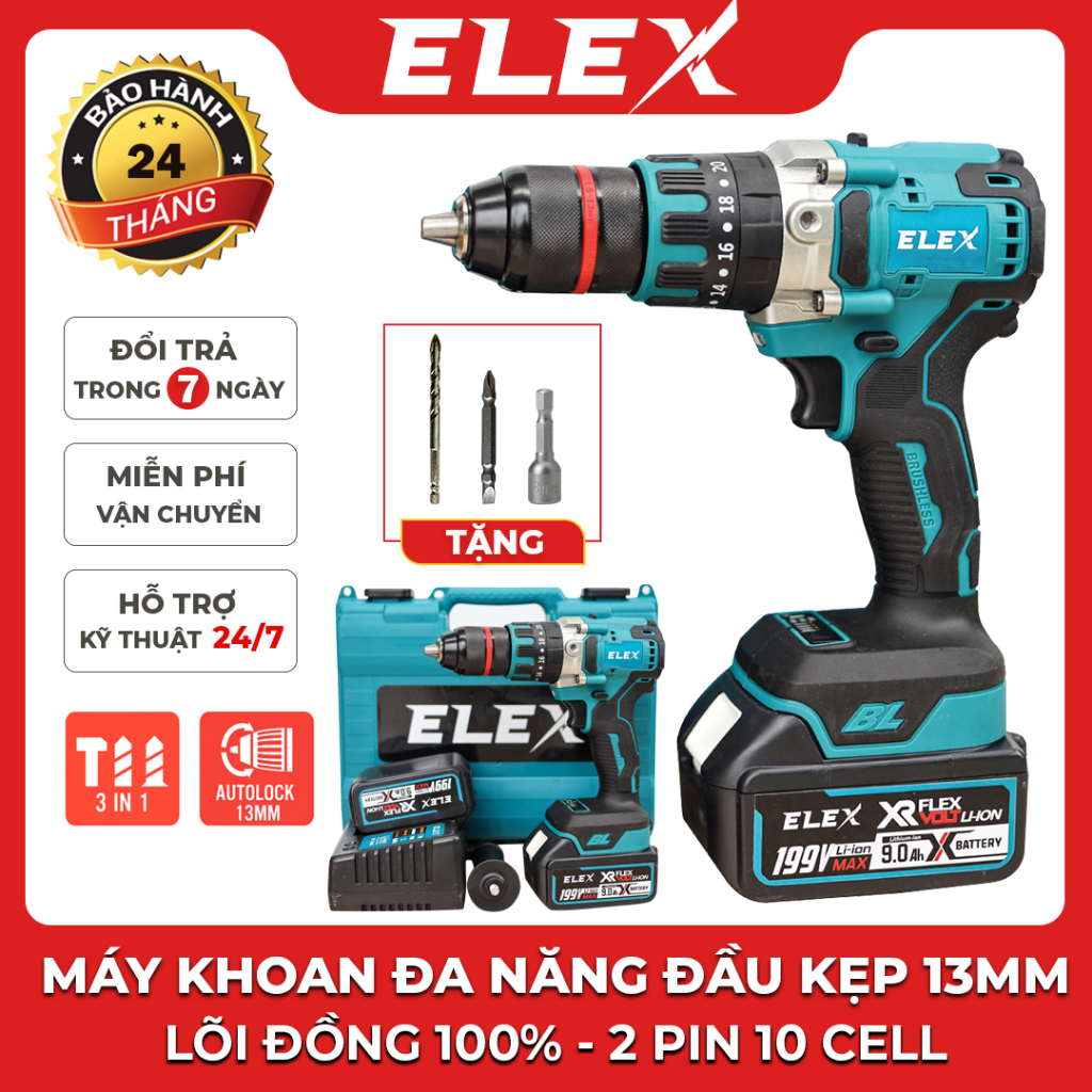 Máy Khoan Pin Elex 199V Không chổi than - Có búa - Khoan 3 chức năng 13mm - Khoan Pin Elex 199V ...