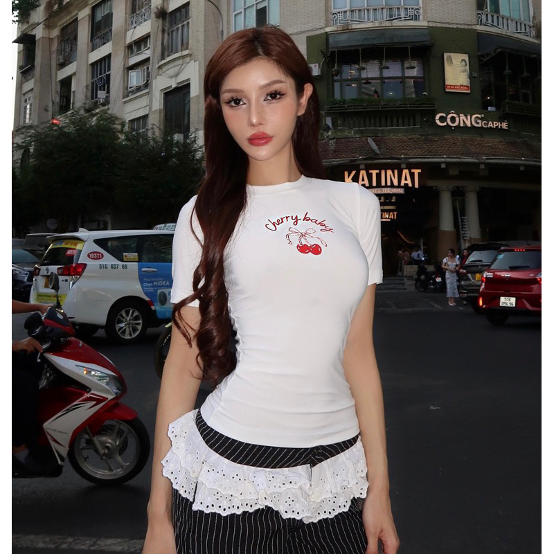 Áo thun trắng in chữ ôm dáng- Cherry baby tee | Shopee Việt Nam