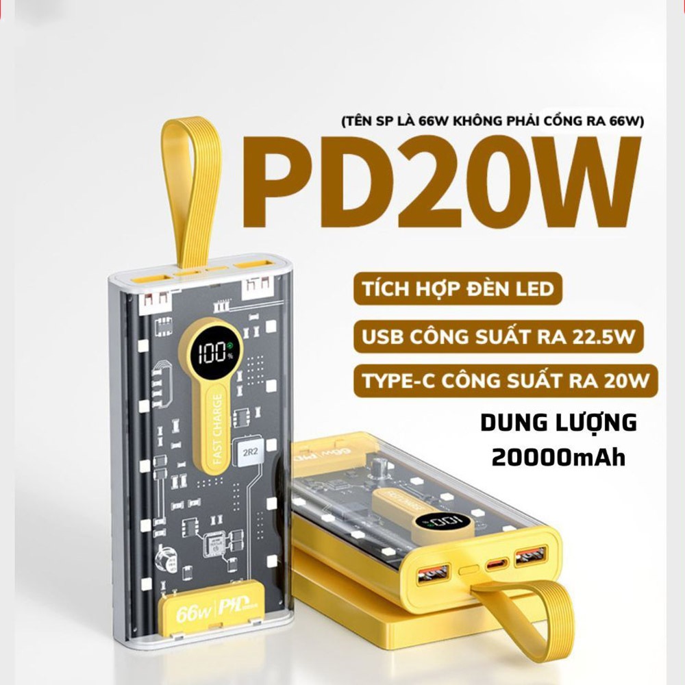 Sạc Dự Phòng Trong Suốt 120W - 66W 20000mAh, Có Cổng Sạc Nhanh 22.5w và PD 20W, Kèm 4 Đầu Sạc ...