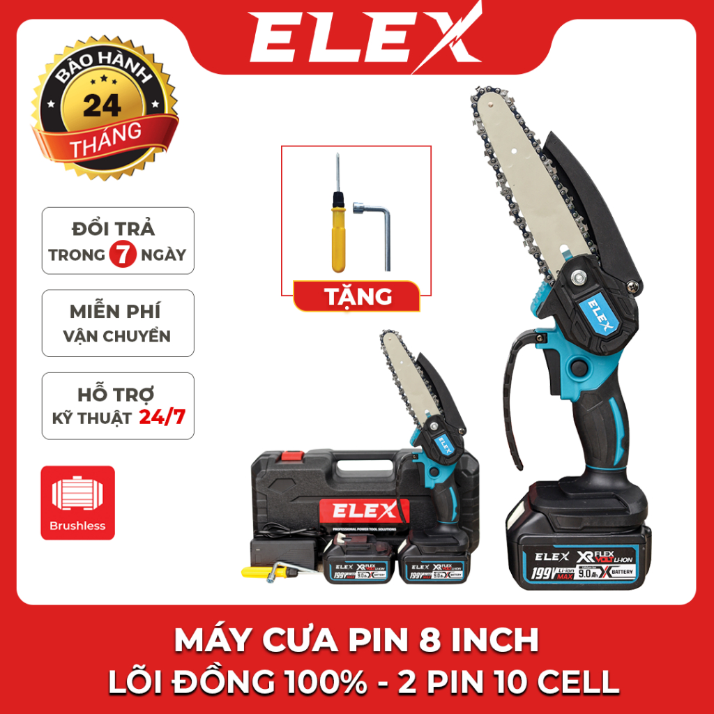 Máy cưa xích Elex 199V - Máy cưa gỗ mini dùng pin Elex 199V pin 10cell cắt gỗ tỉa cành cực bén ...